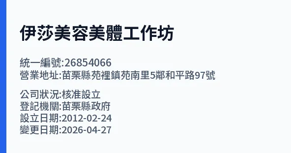 伊莎美容美體工作坊的照片-統編 26854066(苗栗縣) 公司登記資料與營業項目詳細圖表