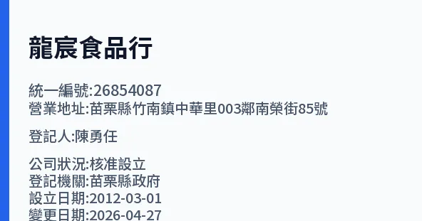 龍宸食品行的照片-統編 26854087(苗栗縣) 公司登記資料與營業項目詳細圖表