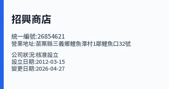 招興商店的照片-統編 26854621(苗栗縣) 公司登記資料與營業項目詳細圖表