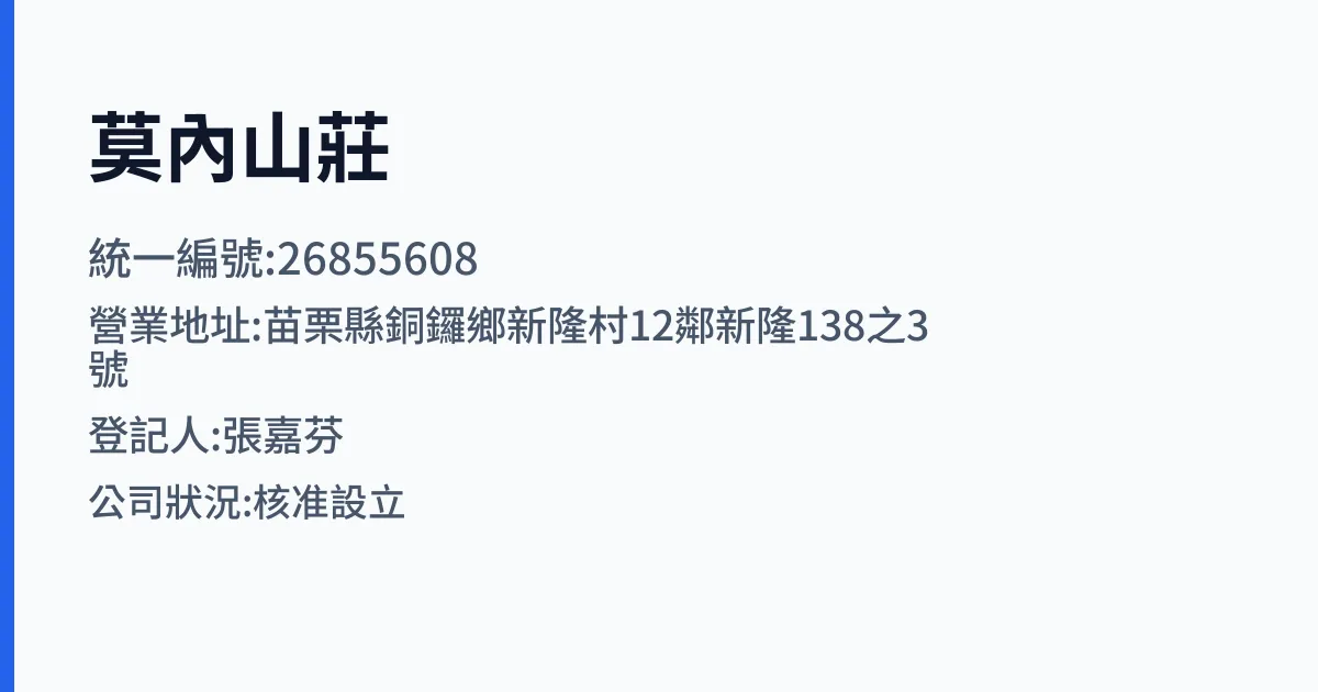 莫內山莊 - 統編 26855608(苗栗縣) 公司登記資料與營業項目詳細圖表