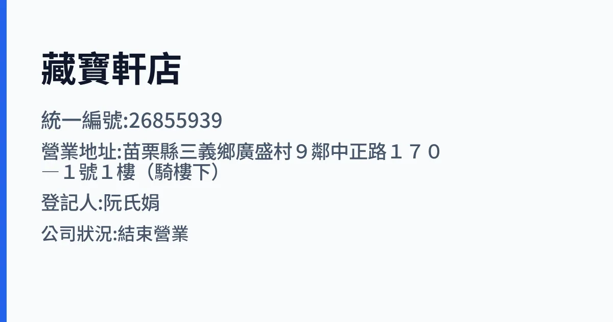 藏寶軒店 - 統編 26855939(苗栗縣) 公司登記資料與營業項目詳細圖表