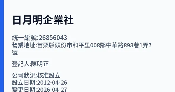 日月明企業社的照片-統編 26856043(苗栗縣) 公司登記資料與營業項目詳細圖表