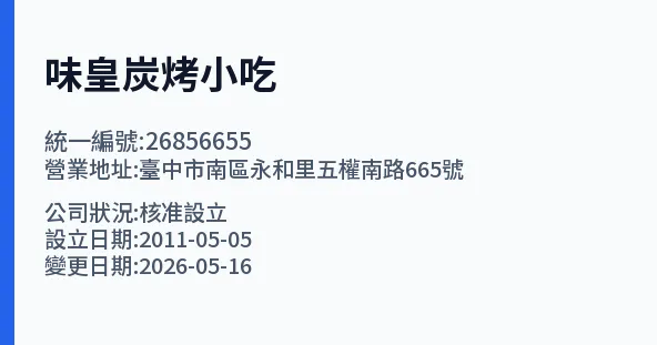 味皇炭烤小吃的照片-統編 26856655(臺中市) 公司登記資料與營業項目詳細圖表