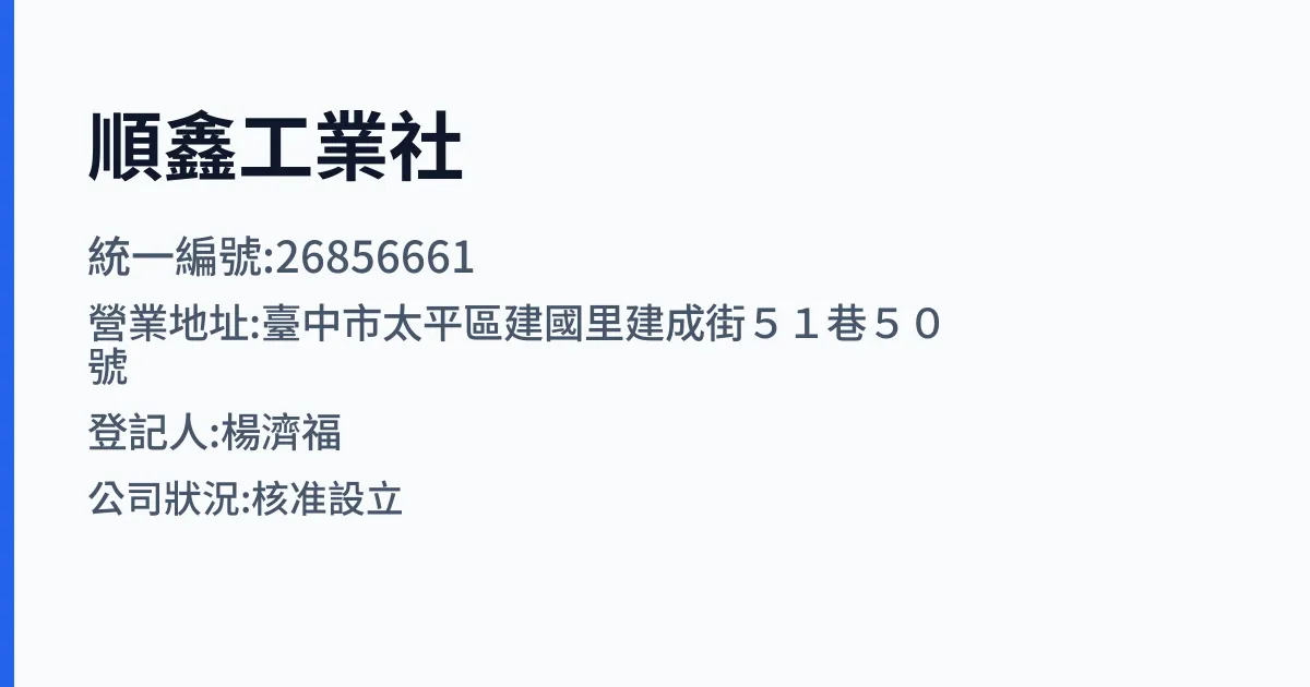 順鑫工業社 - 統編 26856661(臺中市) 公司登記資料與營業項目詳細圖表