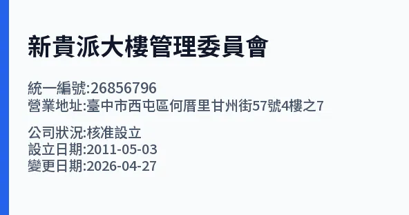 新貴派大樓管理委員會的照片-統編 26856796(臺中市) 公司登記資料與營業項目詳細圖表