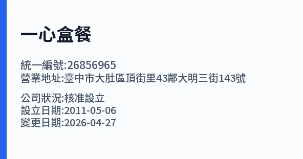 一心盒餐的照片-統編 26856965(臺中市) 公司登記資料與營業項目詳細圖表