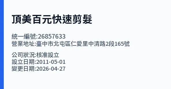頂美百元快速剪髮的照片-統編 26857633(臺中市) 公司登記資料與營業項目詳細圖表