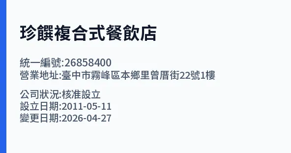 珍饌複合式餐飲店的照片-統編 26858400(臺中市) 公司登記資料與營業項目詳細圖表