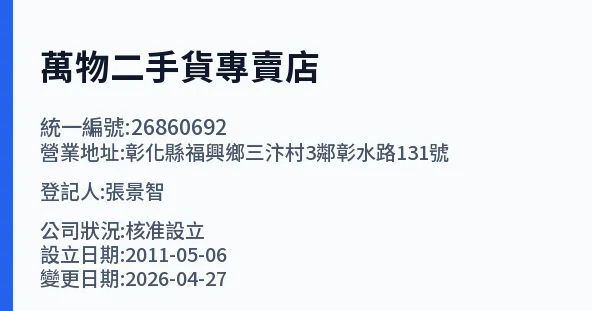 萬物二手貨專賣店的照片-統編 26860692(彰化縣) 公司登記資料與營業項目詳細圖表