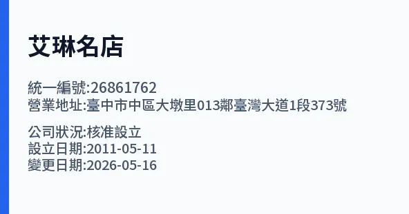 艾琳名店的照片-統編 26861762(臺中市) 公司登記資料與營業項目詳細圖表