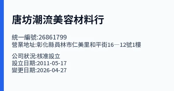 唐坊潮流美容材料行的照片-統編 26861799(彰化縣) 公司登記資料與營業項目詳細圖表