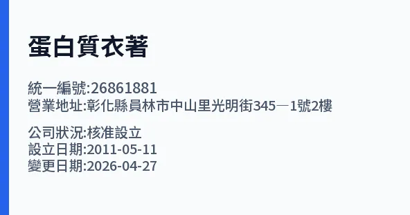 蛋白質衣著的照片-統編 26861881(彰化縣) 公司登記資料與營業項目詳細圖表