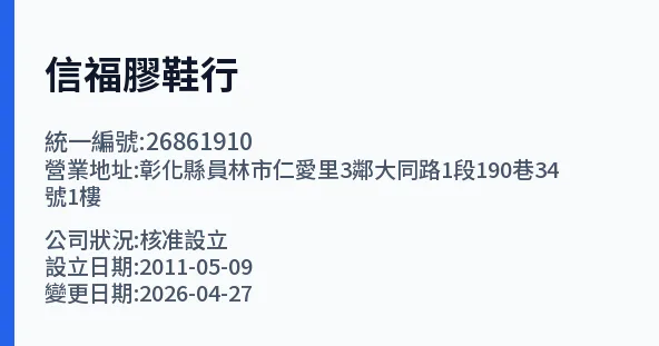 信福膠鞋行的照片-統編 26861910(彰化縣) 公司登記資料與營業項目詳細圖表