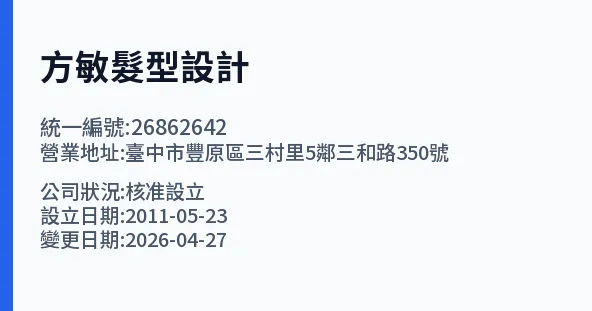 方敏髮型設計的照片-統編 26862642(臺中市) 公司登記資料與營業項目詳細圖表