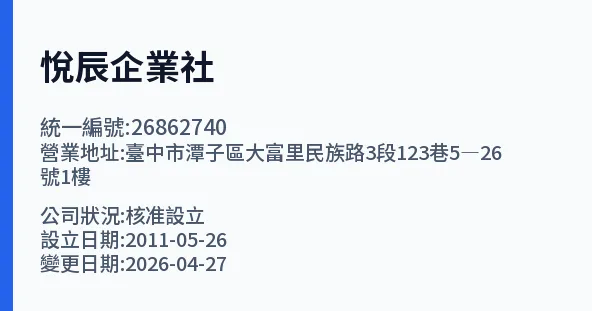 悅辰企業社的照片-統編 26862740(臺中市) 公司登記資料與營業項目詳細圖表
