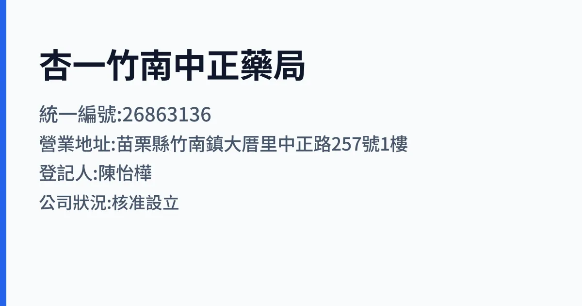 杏一竹南中正藥局 - 統編 26863136(苗栗縣) 公司登記資料與營業項目詳細圖表