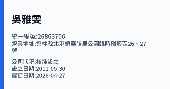 吳雅雯的照片-統編 26863706(雲林縣) 公司登記資料與營業項目詳細圖表