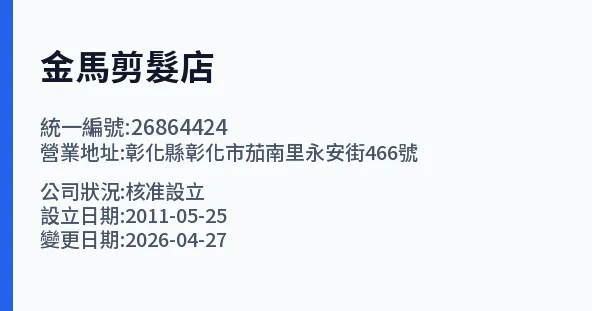 金馬剪髮店的照片-統編 26864424(彰化縣) 公司登記資料與營業項目詳細圖表