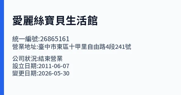 愛麗絲寶貝生活館的照片-統編 26865161(臺中市) 公司登記資料與營業項目詳細圖表
