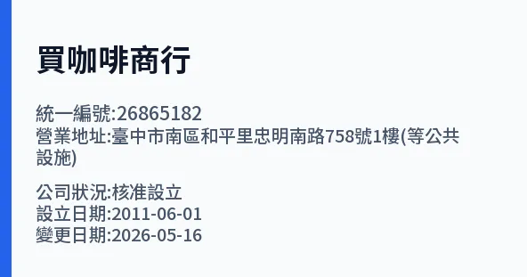 買咖啡商行的照片-統編 26865182(臺中市) 公司登記資料與營業項目詳細圖表