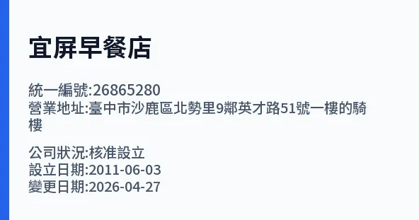 宜屏早餐店的照片-統編 26865280(臺中市) 公司登記資料與營業項目詳細圖表