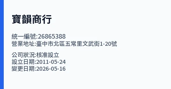 寶韻商行的照片-統編 26865388(臺中市) 公司登記資料與營業項目詳細圖表