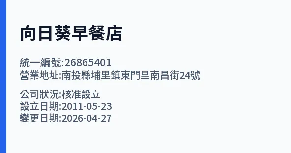 向日葵早餐店的照片-統編 26865401(南投縣) 公司登記資料與營業項目詳細圖表
