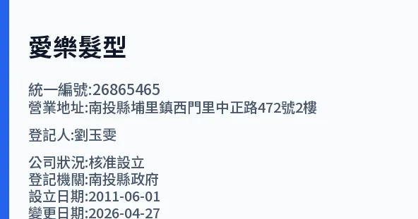 愛樂髮型的照片-統編 26865465(南投縣) 公司登記資料與營業項目詳細圖表