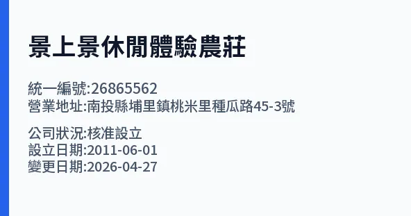 景上景休閒體驗農莊的照片-統編 26865562(南投縣) 公司登記資料與營業項目詳細圖表