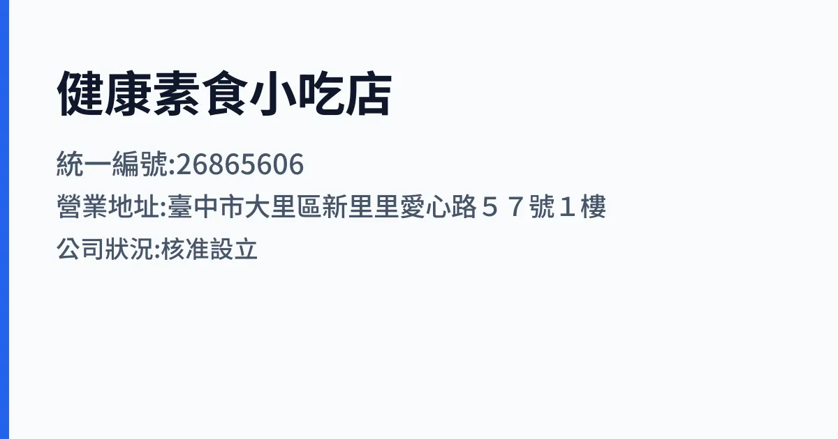 健康素食小吃店 - 統編 26865606(臺中市) 公司登記資料與營業項目詳細圖表
