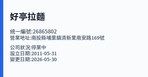 好亭拉麵的照片-統編 26865802(南投縣) 公司登記資料與營業項目詳細圖表
