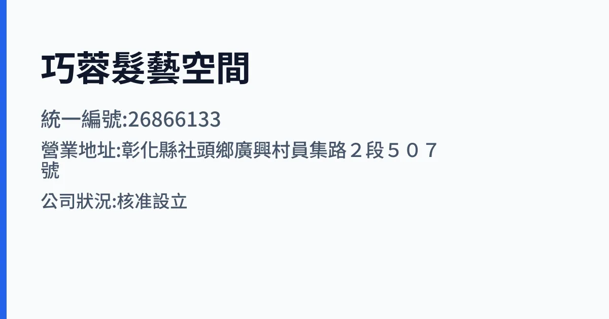 巧蓉髮藝空間 - 統編 26866133(彰化縣) 公司登記資料與營業項目詳細圖表