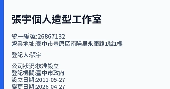 張宇個人造型工作室的照片-統編 26867132(臺中市) 公司登記資料與營業項目詳細圖表