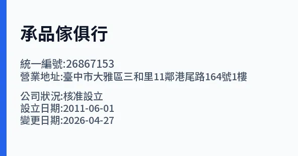 承品傢俱行的照片-統編 26867153(臺中市) 公司登記資料與營業項目詳細圖表
