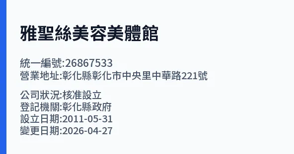 雅聖絲美容美體館的照片-統編 26867533(彰化縣) 公司登記資料與營業項目詳細圖表