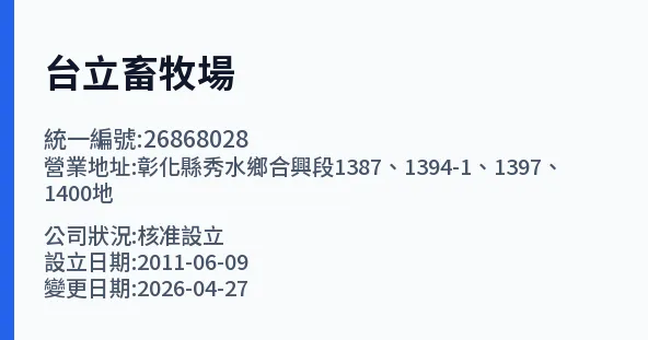 台立畜牧場的照片-統編 26868028(彰化縣) 公司登記資料與營業項目詳細圖表