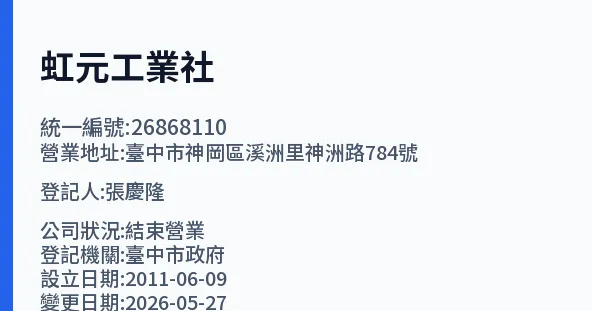 虹元工業社的照片-統編 26868110(臺中市) 公司登記資料與營業項目詳細圖表