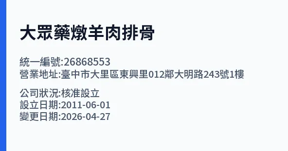 大眾藥燉羊肉排骨的照片-統編 26868553(臺中市) 公司登記資料與營業項目詳細圖表