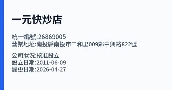 一元快炒店的照片-統編 26869005(南投縣) 公司登記資料與營業項目詳細圖表