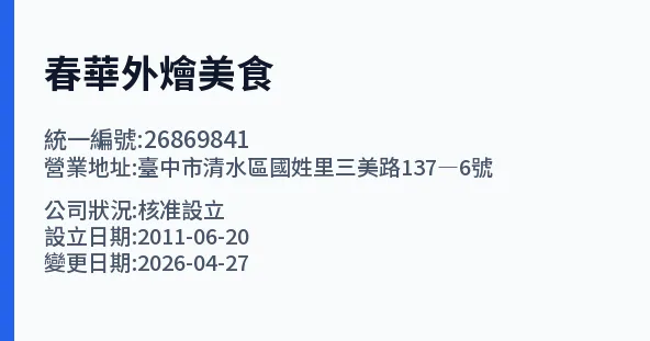 春華外燴美食的照片-統編 26869841(臺中市) 公司登記資料與營業項目詳細圖表