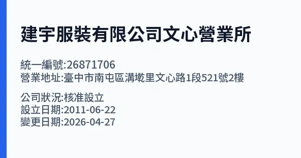 建宇服裝有限公司文心營業所的照片-統編 26871706(臺中市) 公司登記資料與營業項目詳細圖表