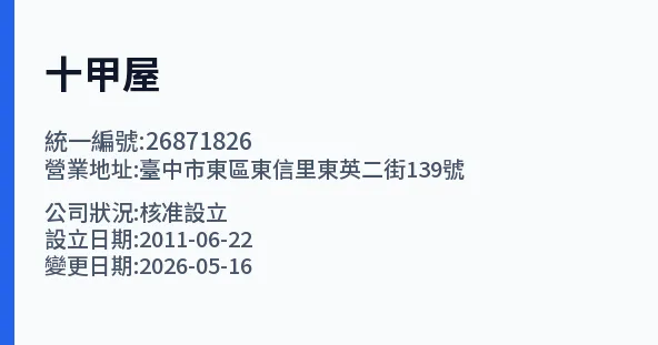 十甲屋的照片-統編 26871826(臺中市) 公司登記資料與營業項目詳細圖表