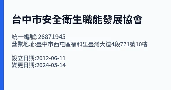 台中市安全衛生職能發展協會的照片-統編 26871945(臺中市) 公司登記資料與營業項目詳細圖表