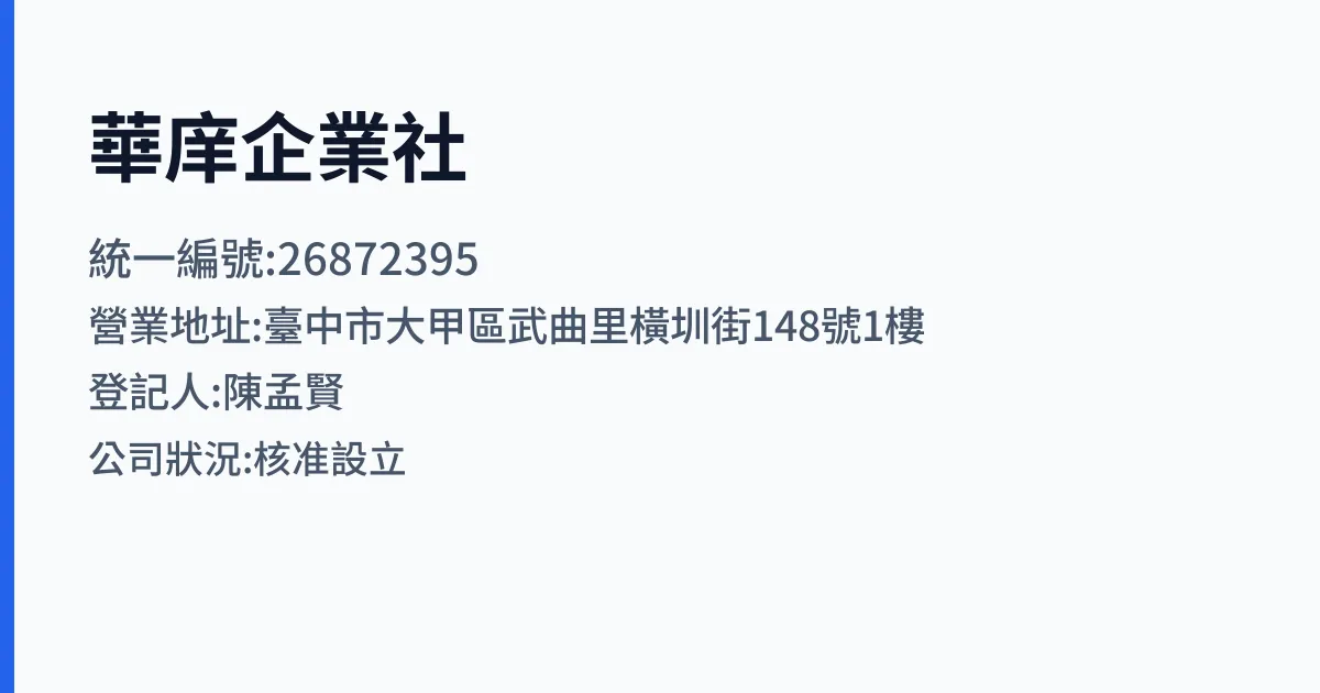 華庠企業社 - 統編 26872395(臺中市) 公司登記資料與營業項目詳細圖表