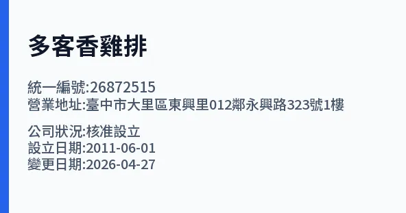 多客香雞排的照片-統編 26872515(臺中市) 公司登記資料與營業項目詳細圖表