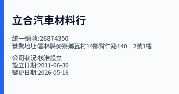 立合汽車材料行的照片-統編 26874350(雲林縣) 公司登記資料與營業項目詳細圖表