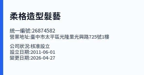 柔格造型髮藝的照片-統編 26874582(臺中市) 公司登記資料與營業項目詳細圖表