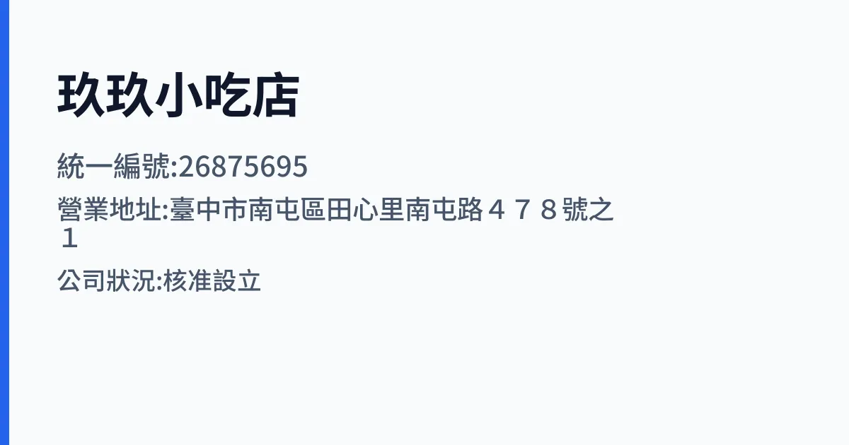 玖玖小吃店 - 統編 26875695(臺中市) 公司登記資料與營業項目詳細圖表