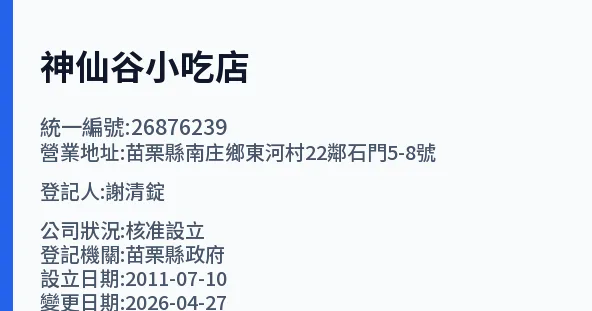 神仙谷小吃店的照片-統編 26876239(苗栗縣) 公司登記資料與營業項目詳細圖表
