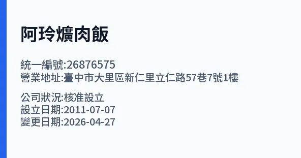 阿玲爌肉飯的照片-統編 26876575(臺中市) 公司登記資料與營業項目詳細圖表